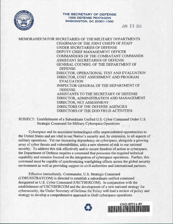 Establishment of a Subordinate Unified U.S. Cyber Command | Public ...