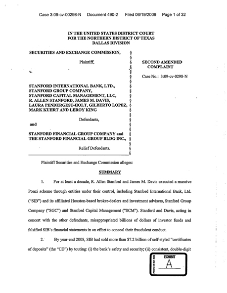 Second Amended Complaint in SEC v. Stanford International Bank, Ltd., et al. | Public Intelligence