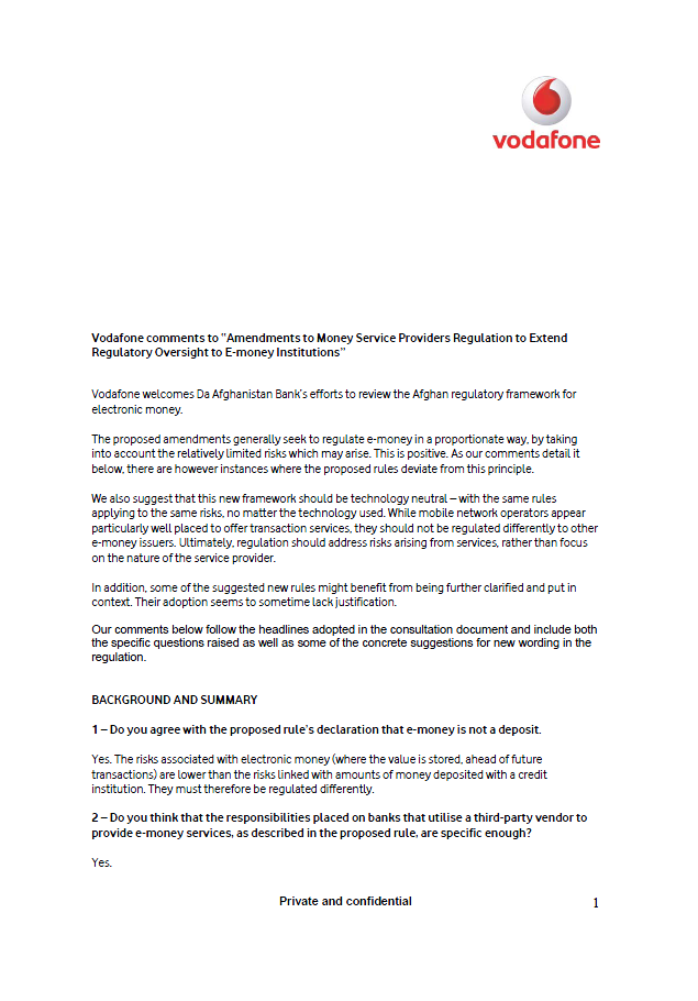 Confidential Vodafone Comments to Afghanistan Central Bank on E-Money ...