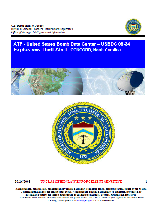 ATF North Carolina Explosives Theft Warning | Public Intelligence