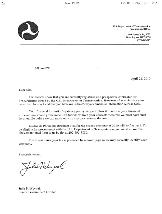 Fraudulent U.S. Department of Transportation Letters Circulating ...
