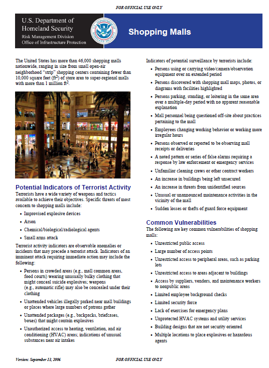(U//FOUO) DHS Shopping Malls Warning | Public Intelligence