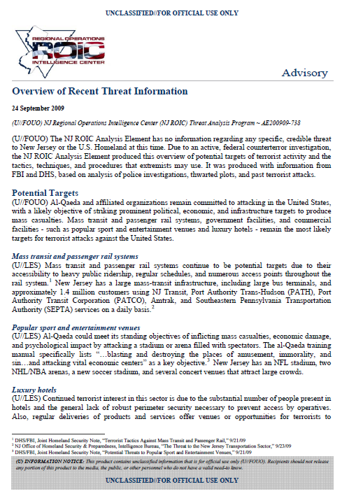 (U//FOUO) New Jersey ROIC 2009 Threat Information | Public Intelligence