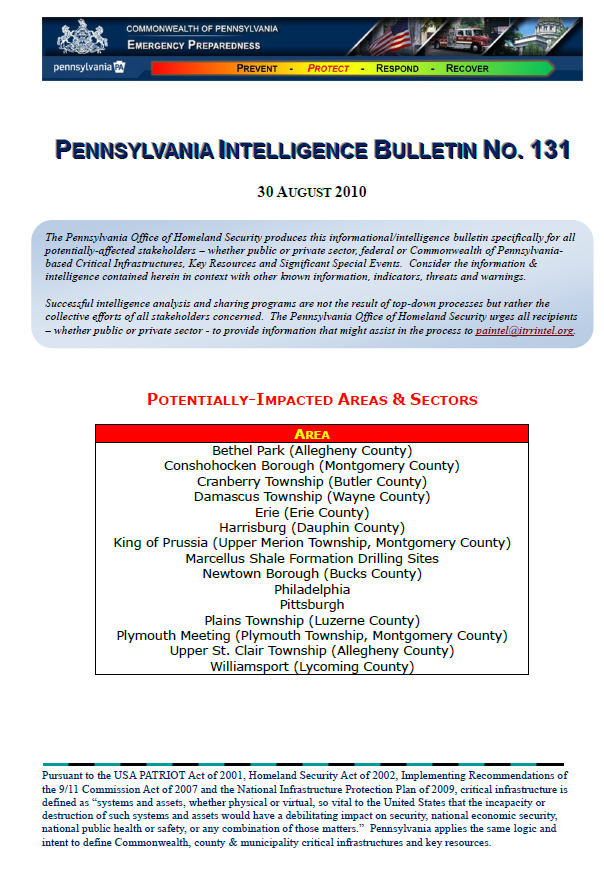 Complete Pennsylvania Homeland Security Intelligence Bulletins October ...
