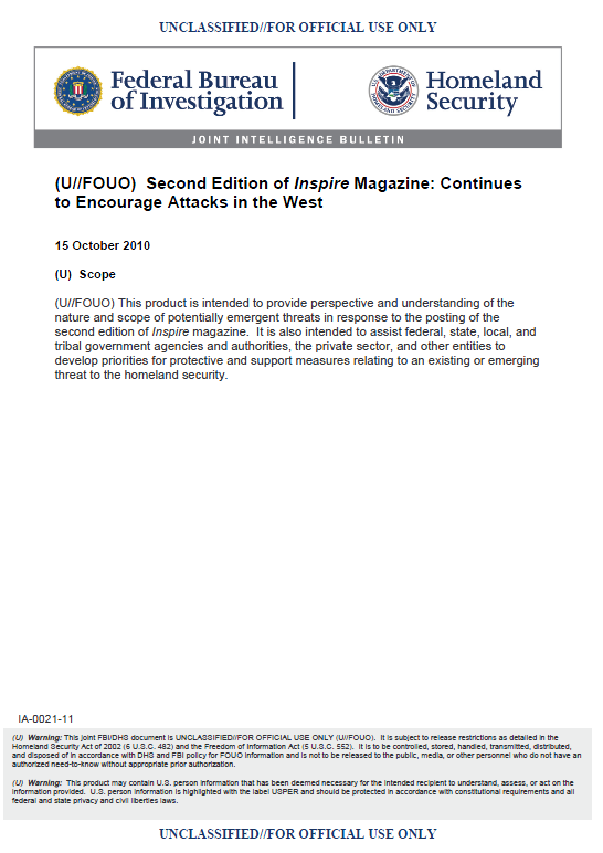 (U//FOUO) DHS-FBI “Inspire” Al-Qaeda Magazine Second Edition Warning ...