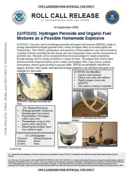 (U//FOUO) DHS Hydrogen Peroxide Food Bomb Warning | Public Intelligence