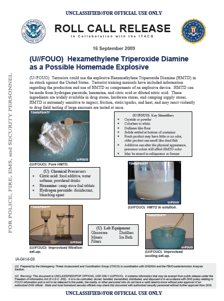 (U//FOUO) DHS Hexamethylene Triperoxide Diamine (HMTD) Warning | Public ...