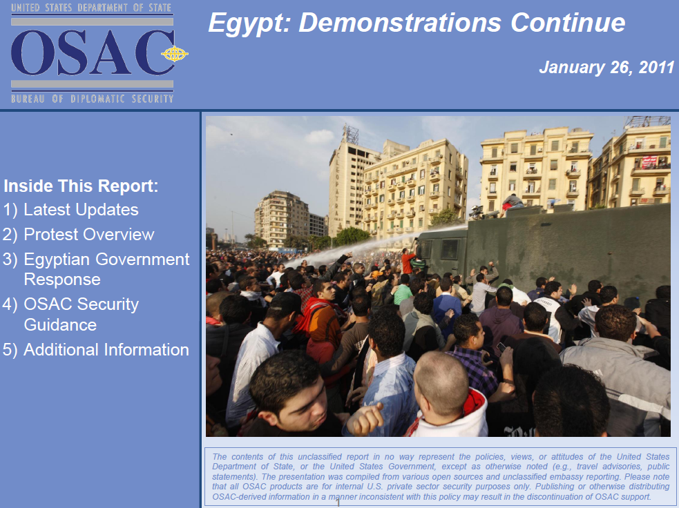 U.S. State Department OSAC Egyptian Revolution Warnings January ...