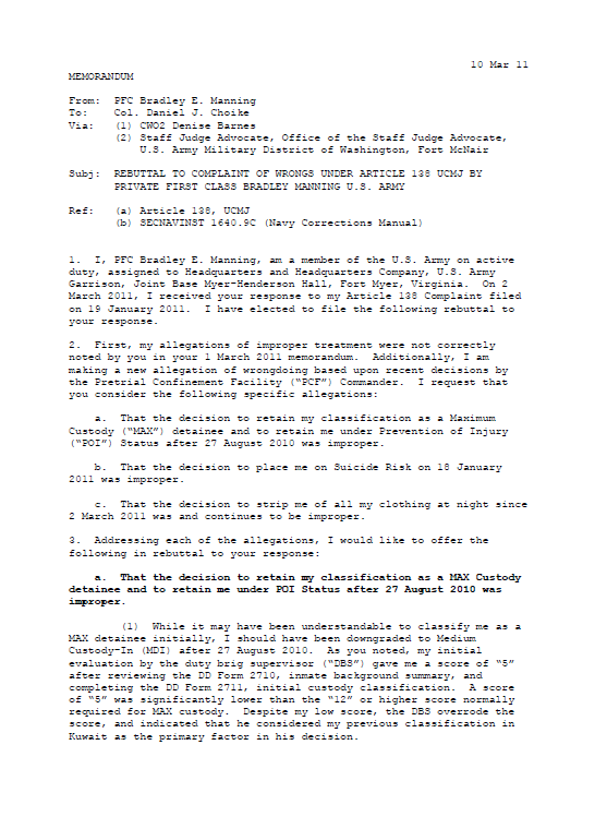 Bradley Manning’s Description of Abusive Treatment at Quantico | Public ...