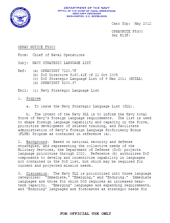 (U//FOUO) U.S. Navy Strategic Foreign Language List | Public Intelligence