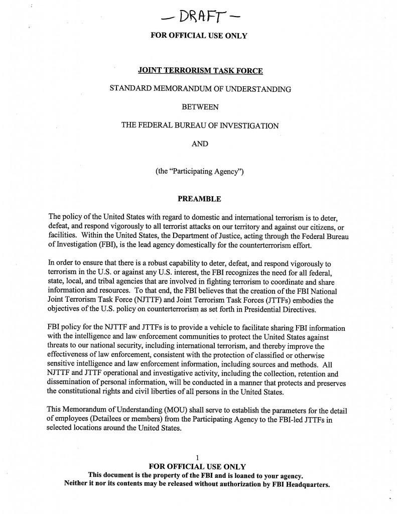 FBI Joint Terrorism Task Force (JTTF) Model Memorandum of Understanding ...