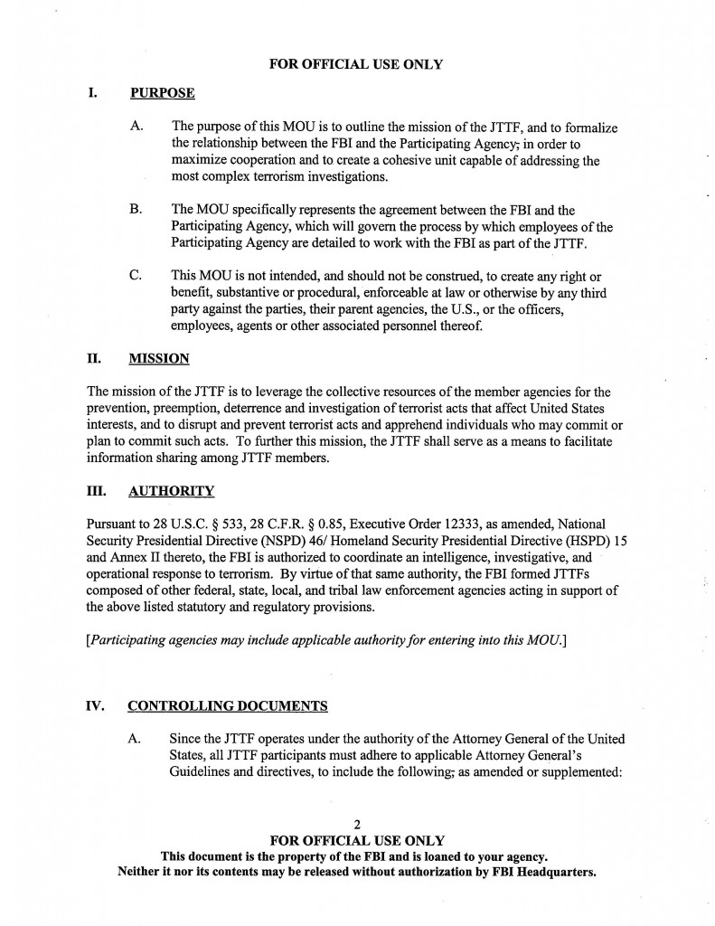 FBI Joint Terrorism Task Force (JTTF) Model Memorandum of Understanding ...