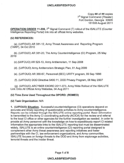 (U//FOUO) U.S. Army Rollout of the iSALUTE Counterintelligence ...
