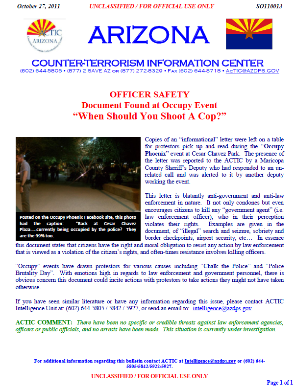 (U//FOUO) Arizona Fusion Center: Occupy Phoenix “When Should You Shoot ...