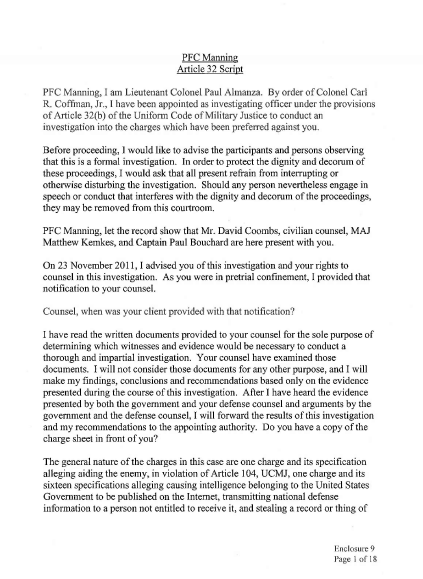 Bradley Manning Article 32 Hearing Script | Public Intelligence