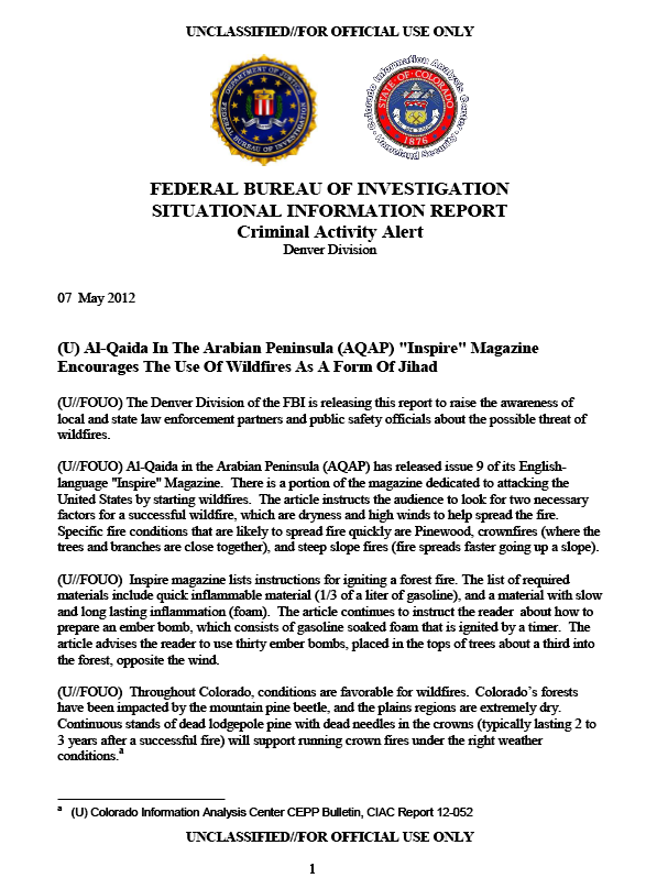 (U//FOUO) FBI Inspire Magazine Encourages the Use of Wildfires in Jihad ...
