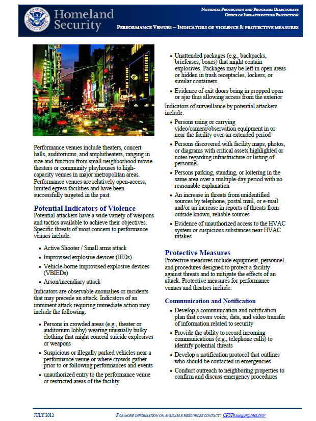 DHS Infrastructure Protection Note: Performance Venues – Indicators of ...