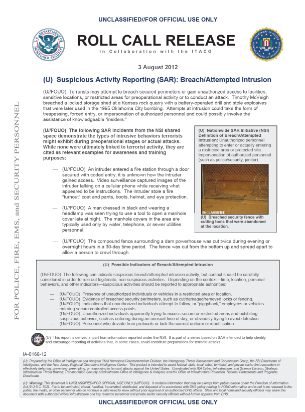 (U//FOUO) DHS-FBI Suspicious Activity Reporting Bulletin: Attempted ...