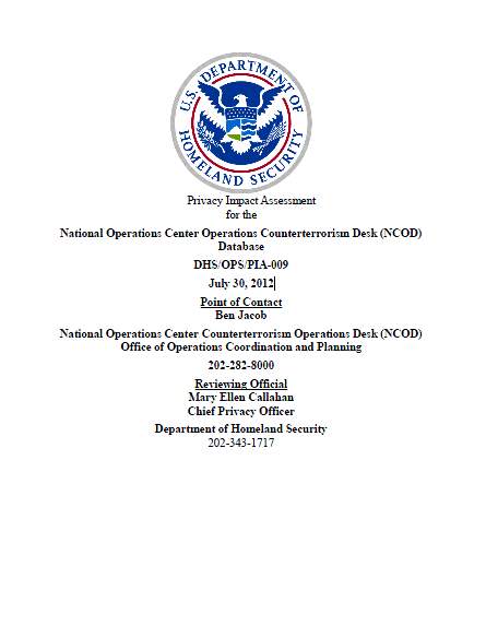 DHS National Operations Center Operations Counterterrorism Desk (NCOD ...