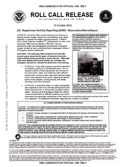 (U//FOUO) DHS-FBI Suspicious Activity Reporting Bulletin: Observation ...