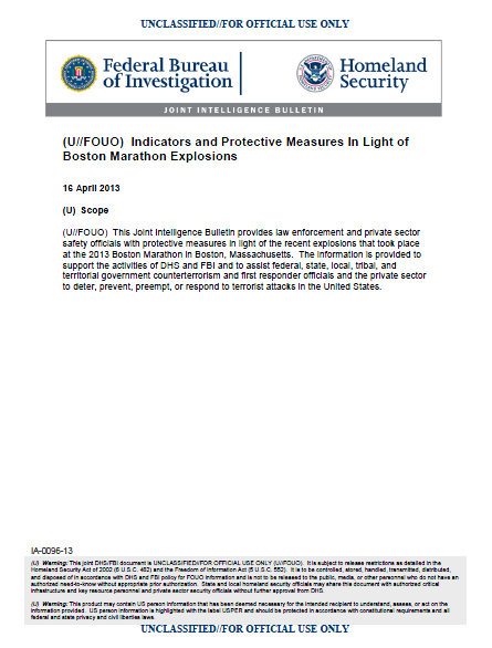 (U//FOUO) DHS-FBI Indicators and Protective Measures In Light of Boston ...