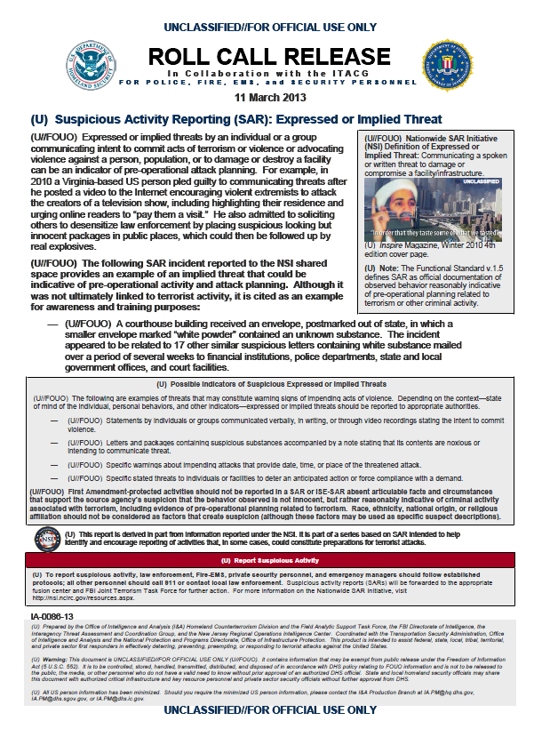 (U//FOUO) DHS-FBI Suspicious Activity Reporting Bulletin: Expressed or ...