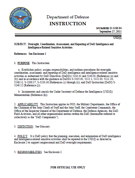 (U//FOUO) DoD Instruction: Intelligence Oversight, Coordination ...