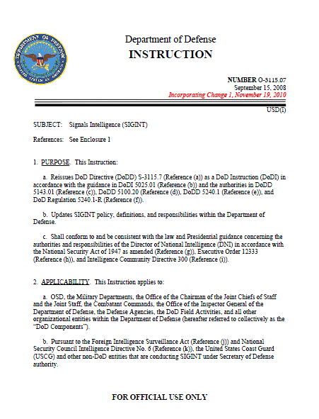 (U//FOUO) DoD Instruction: Signals Intelligence (SIGINT) | Public ...