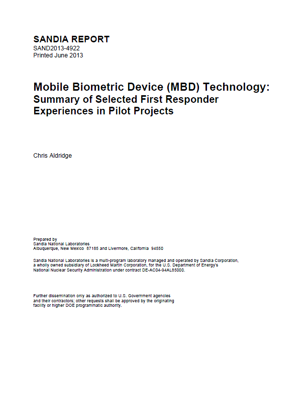 Sandia National Laboratories Mobile Biometric Device Technology Study ...