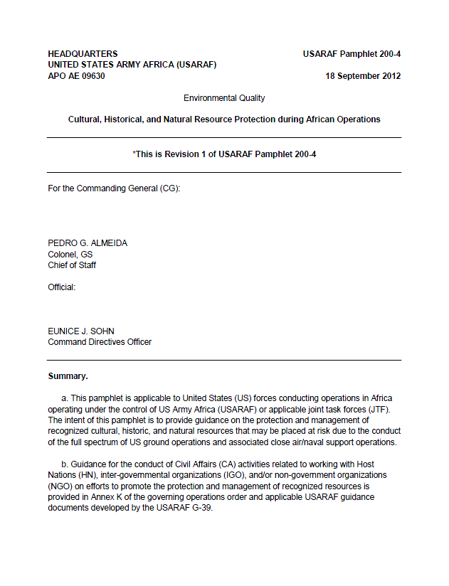 U.S. Army Africa Pamphlet: Cultural, Historical, and Natural Resource ...