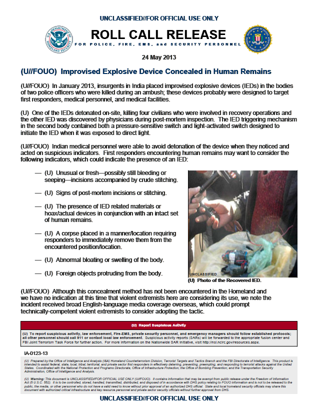(U//FOUO) DHS-FBI Bulletin: Improvised Explosive Device Concealed in ...