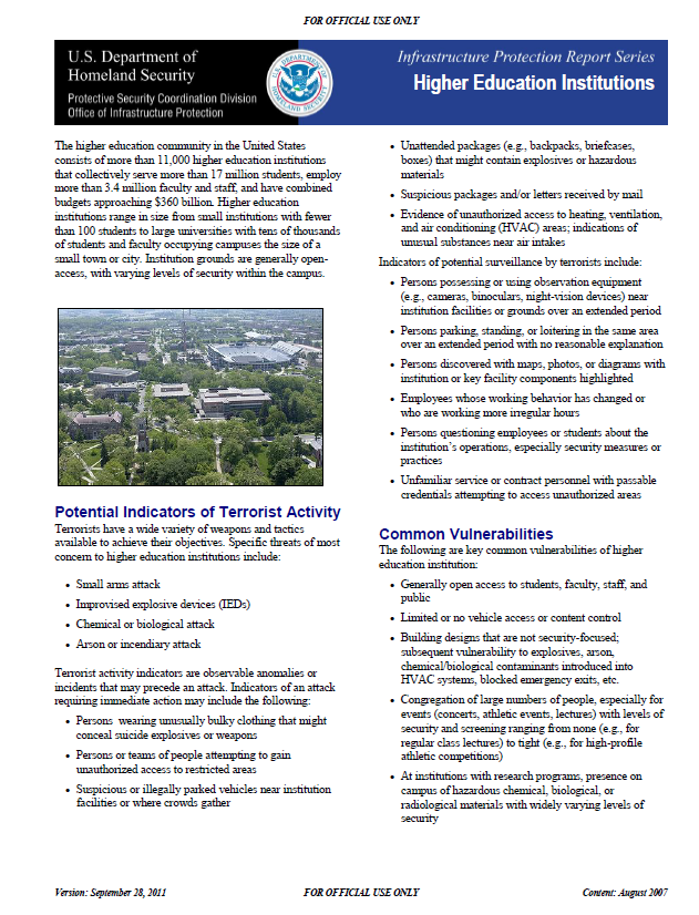 (U//FOUO) DHS Infrastructure Protection Report: Higher Education ...