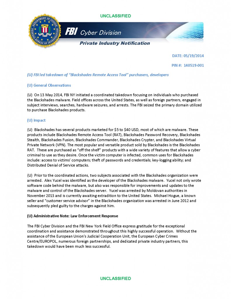 FBI Blackshades Remote Access Tool Private Sector Bulletins and Domain ...