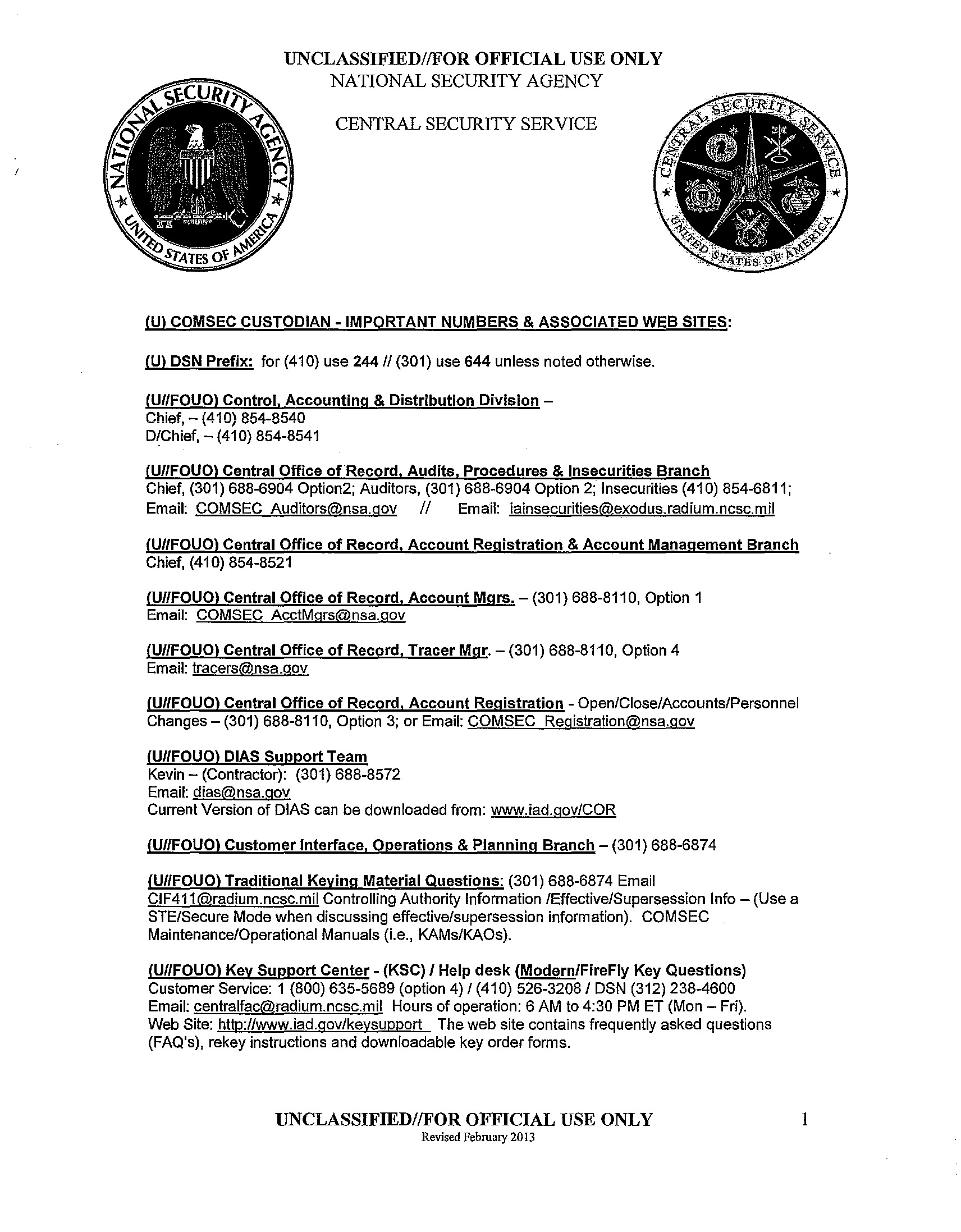 (U//FOUO) NSA COMSEC Custodian Important Phone Numbers and Web Sites ...