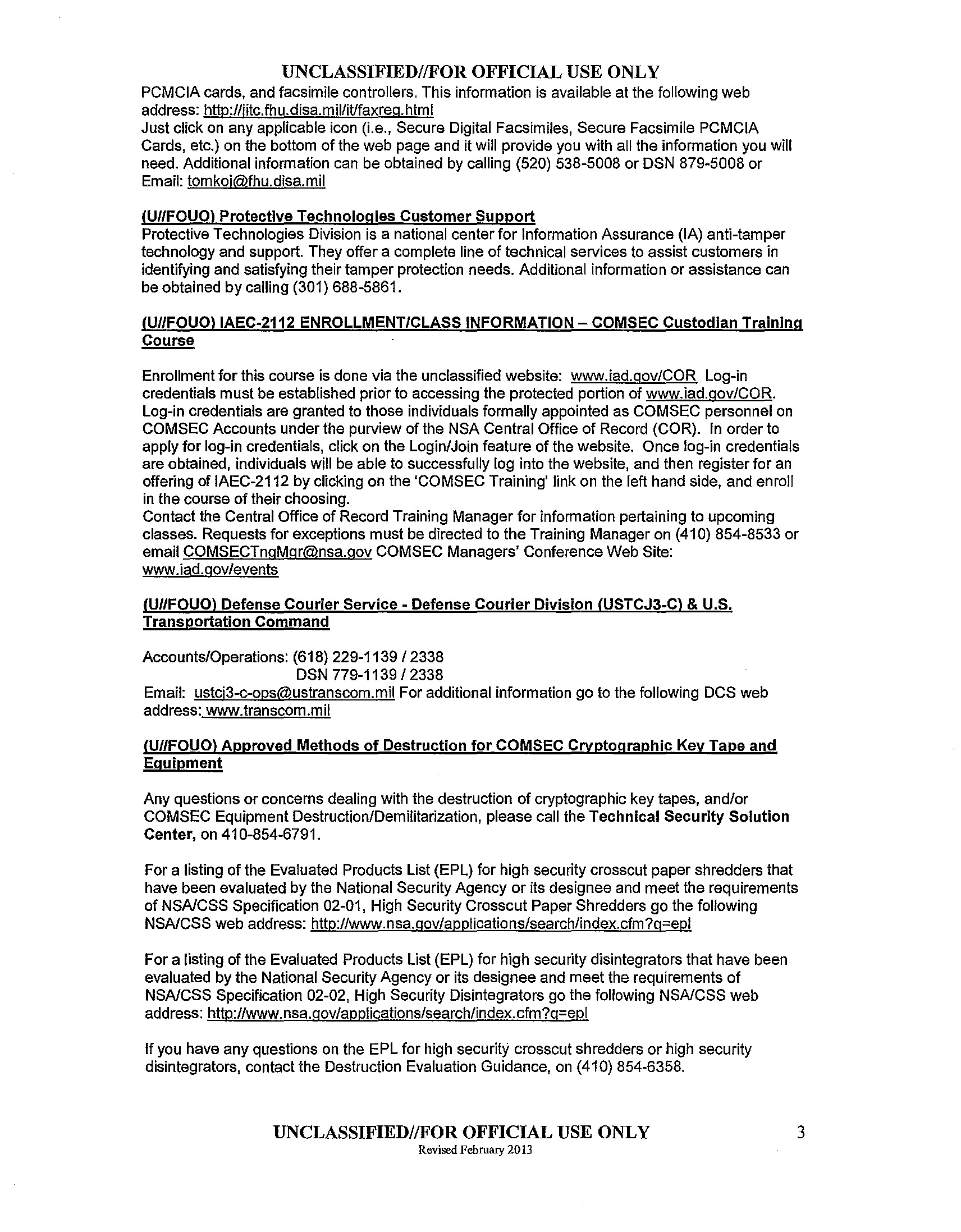 (U//FOUO) NSA COMSEC Custodian Important Phone Numbers and Web Sites ...