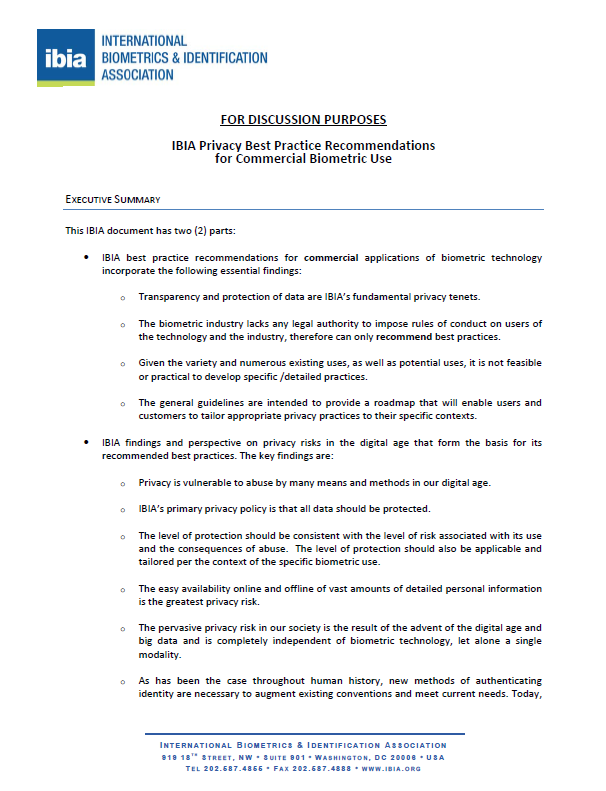 International Biometrics and Identification Association Draft Privacy ...