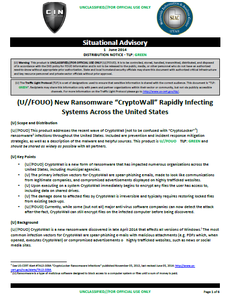(U//FOUO) Utah Fusion Center Bulletin: New Ransomware “CryptoWall ...