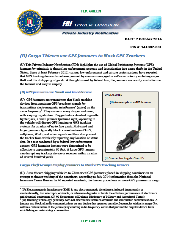 FBI Cyber Division Bulletin: Cargo Thieves use GPS Jammers to Mask GPS ...