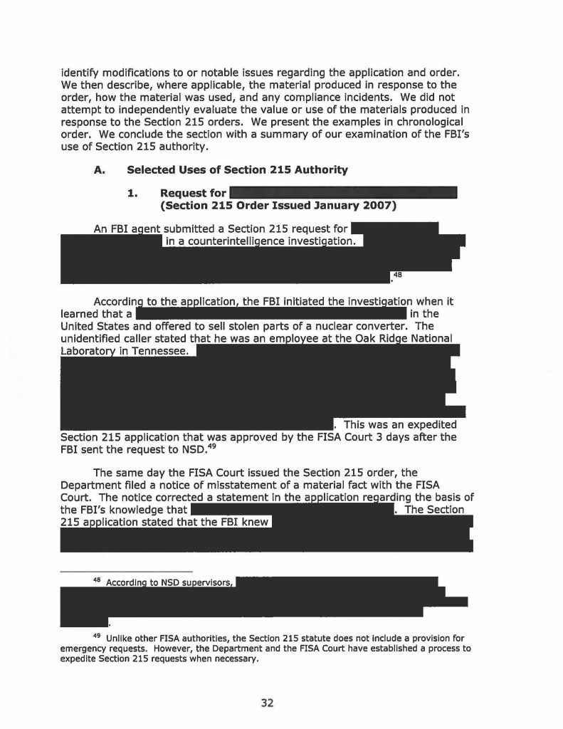 Department of Justice Inspector General Report on FBI Section 215 ...