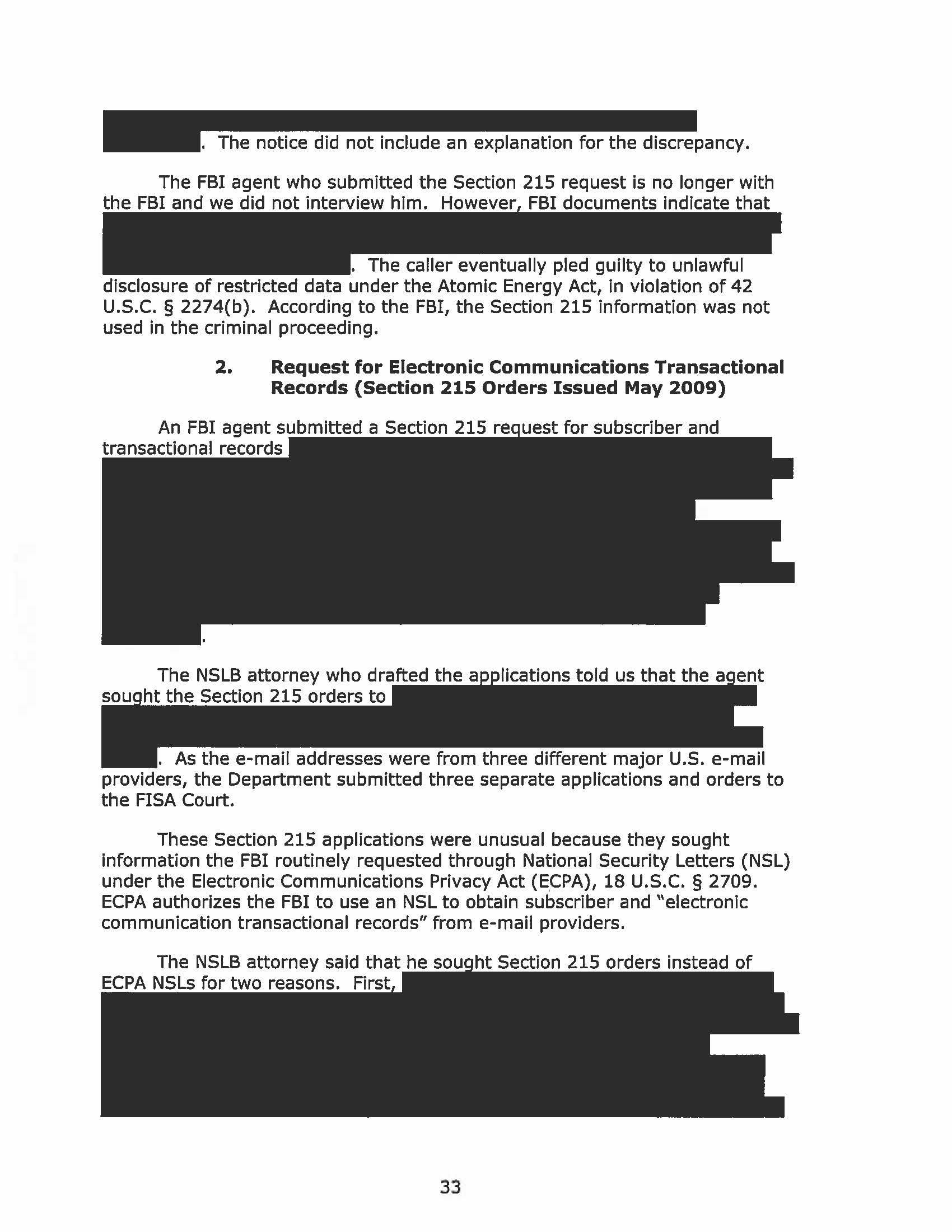 Department of Justice Inspector General Report on FBI Section 215 ...