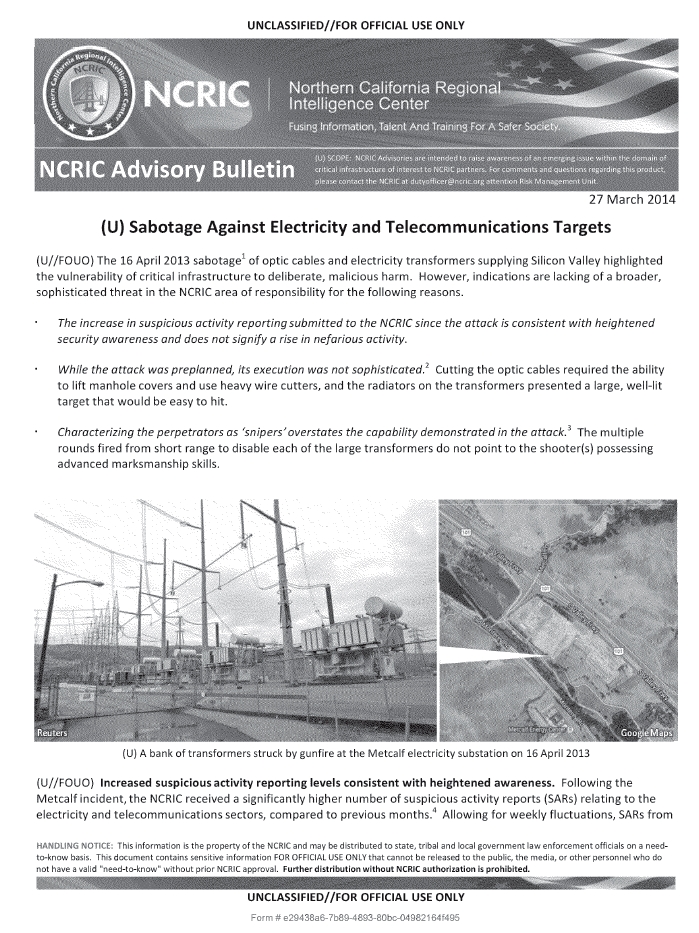 (U//FOUO) Northern California Fusion Center Bulletin: Sabotage Against ...